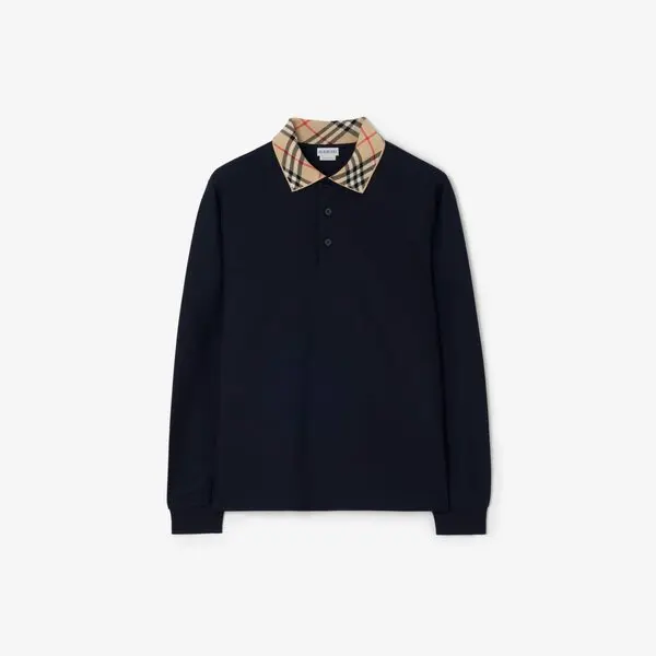 Burberry Long-sleeve Check Collar Cotton Polo Shirt - Navy