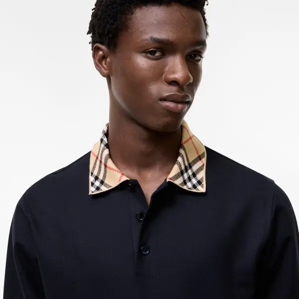 Burberry Long-sleeve Check Collar Cotton Polo Shirt - Navy
