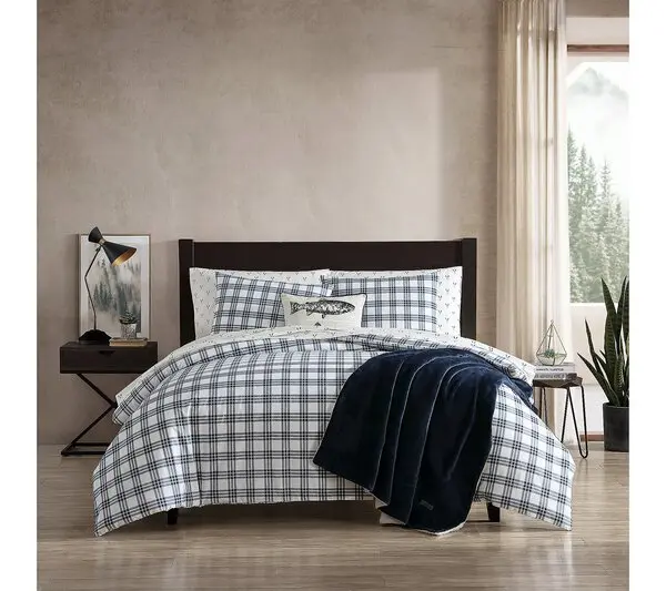 Eddie Bauer Basic Plaid Blue Cotton King Duvet Over Set - One-color