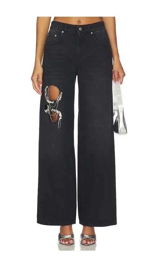 AREA Crystal Chain Cutout Relaxed Jean - Washed Black