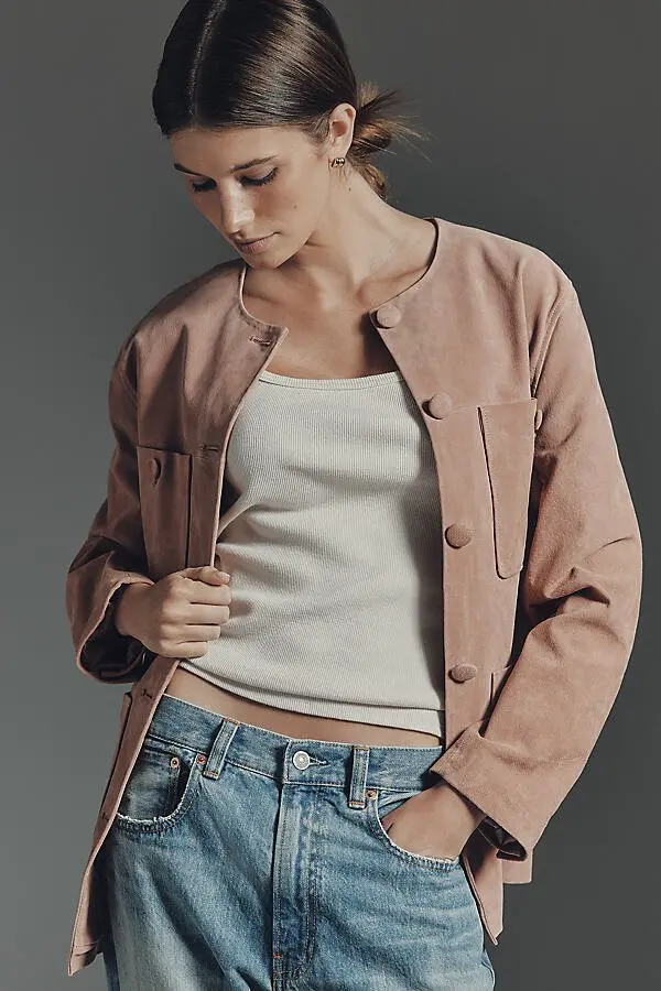Blanknyc Real Suede Collarless Jacket - Dusty Pink