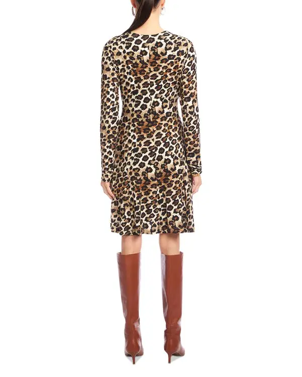 Karen Kane Long Sleeve V Neck Fit & Flare Dress - Leopard - Xs
