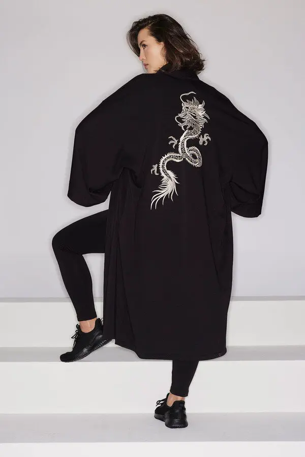 Natori Cocoon Brushed French Terry Dragon Embroidered Robe - Black