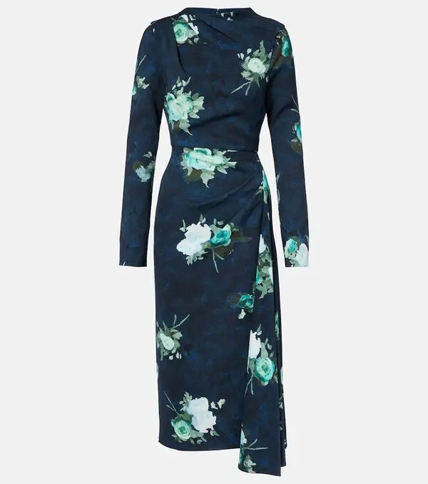 Erdem Floral Draped Cady Midi Dress - Blue