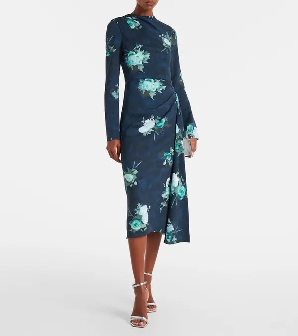 Erdem Floral Draped Cady Midi Dress - Blue
