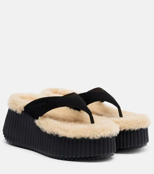 Chloé Nama Suede Platform Thong Sandals - Black