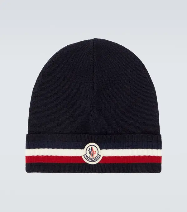 Moncler Logo Virgin Wool Beanie - Blue