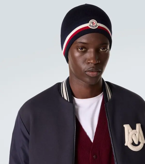 Moncler Logo Virgin Wool Beanie - Blue