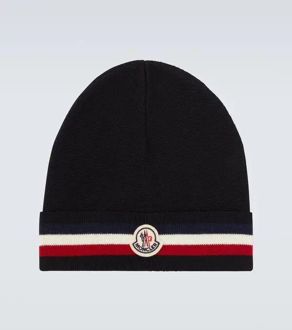 Moncler Logo Virgin Wool Beanie - Black