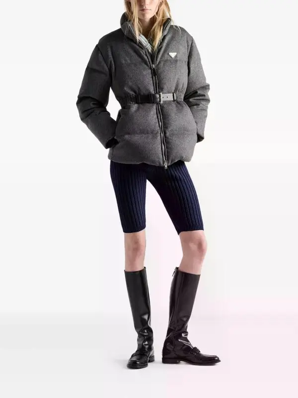 Prada Loden Triangle-logo Belted Puffer Jacket - Grey
