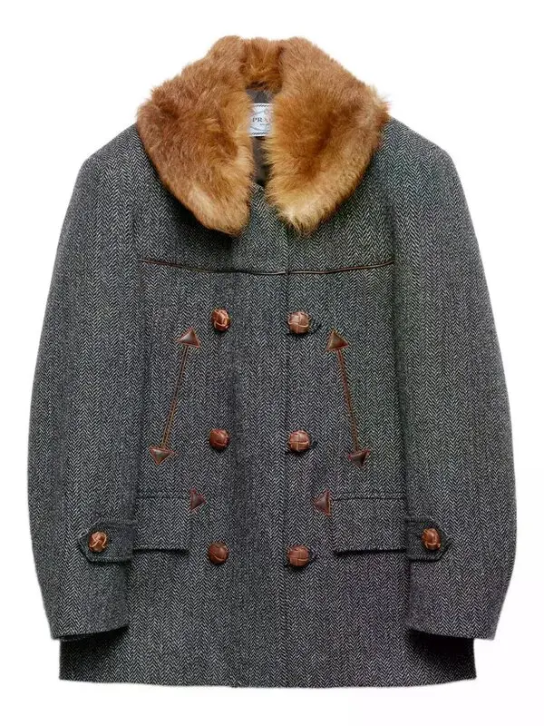 Prada Herringbone Coat With Shearling Collar