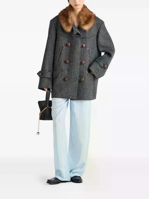 Prada Herringbone Coat With Shearling Collar In Grey | Editorialist
