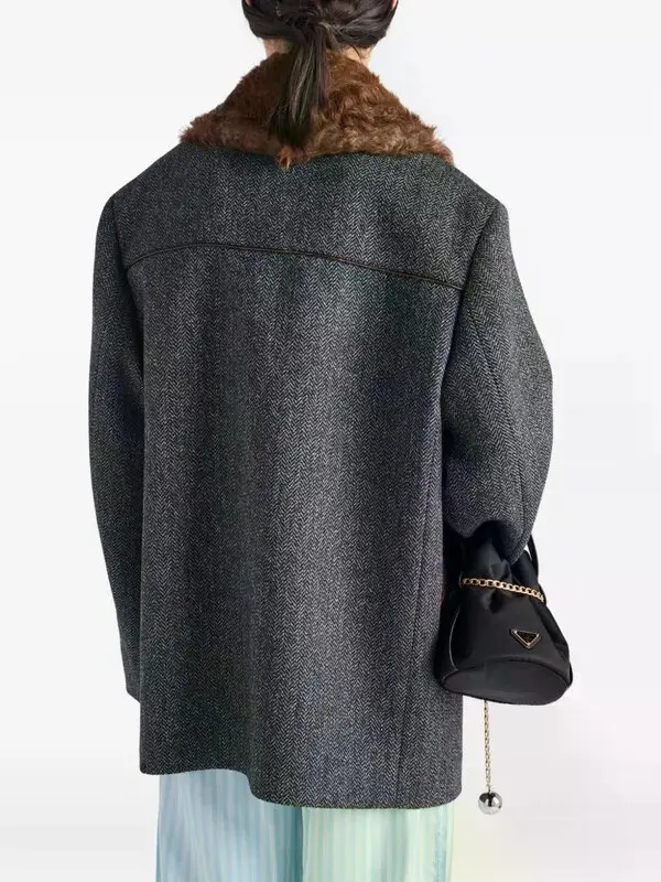 Prada Herringbone Coat With Shearling Collar