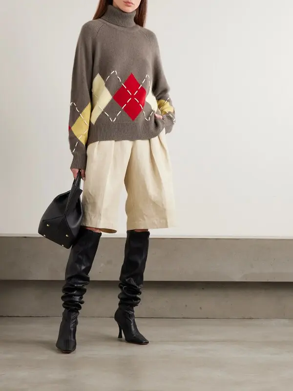 Arch4 Courchevel Embroidered Argyle Cashmere Turtleneck Sweater
