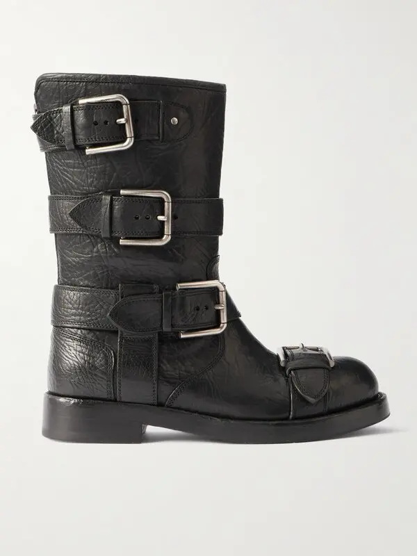 Dolce & Gabbana Bernini Buckled Crinkled-leather Boots - Black