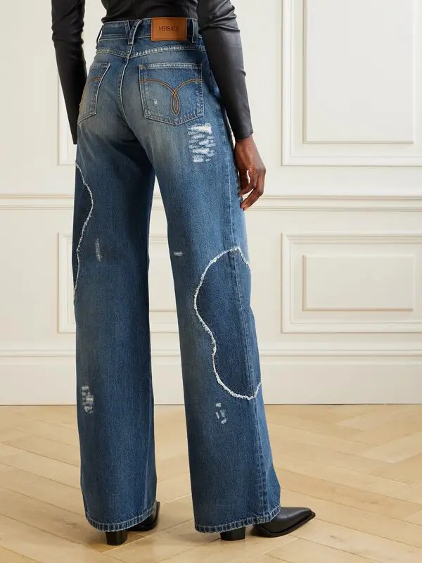 Versace Distressed Patchwork High-rise Wide-leg Jeans - Blue