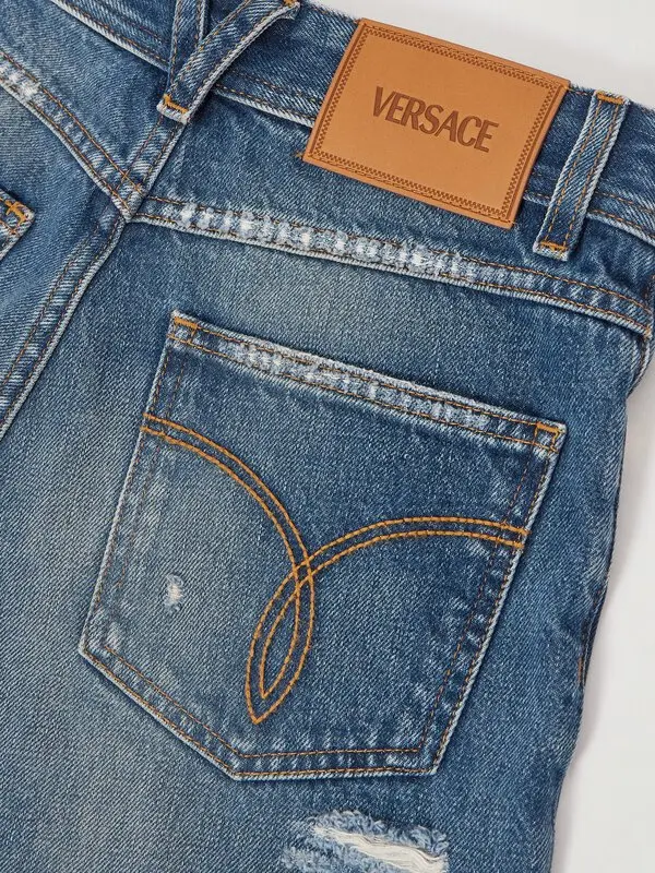 Versace Distressed Patchwork High-rise Wide-leg Jeans - Blue
