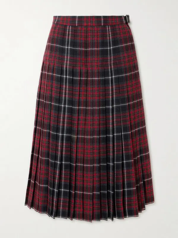 Burberry Buckled Pleated Checked Woven Midi Skirt