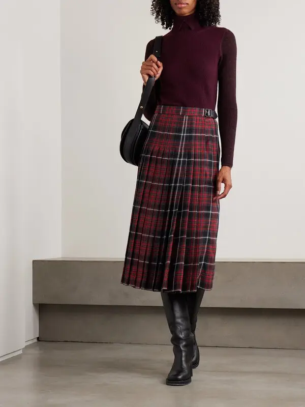 Burberry Buckled Pleated Checked Woven Midi Skirt