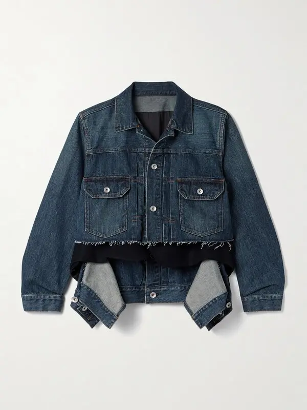 Sacai Layered Frayed Denim And Wool-felt Jacket