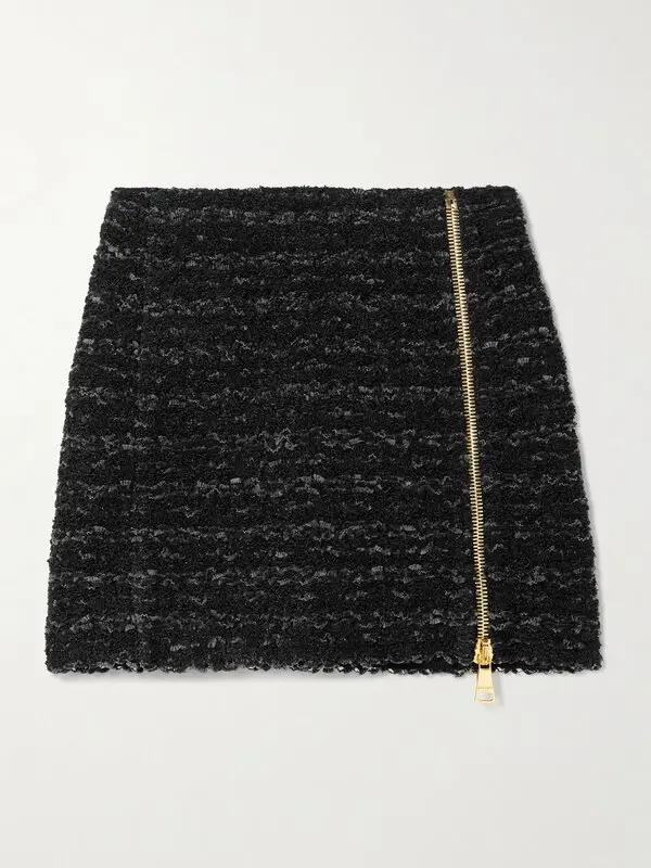 Balmain Bouclé-tweed Mini Skirt With Zip Embellishment - Black