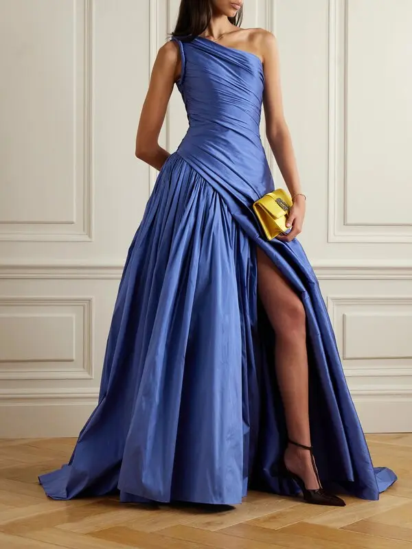 MARMAR HALIM One-shoulder Ruched Pleated Taffeta Gown