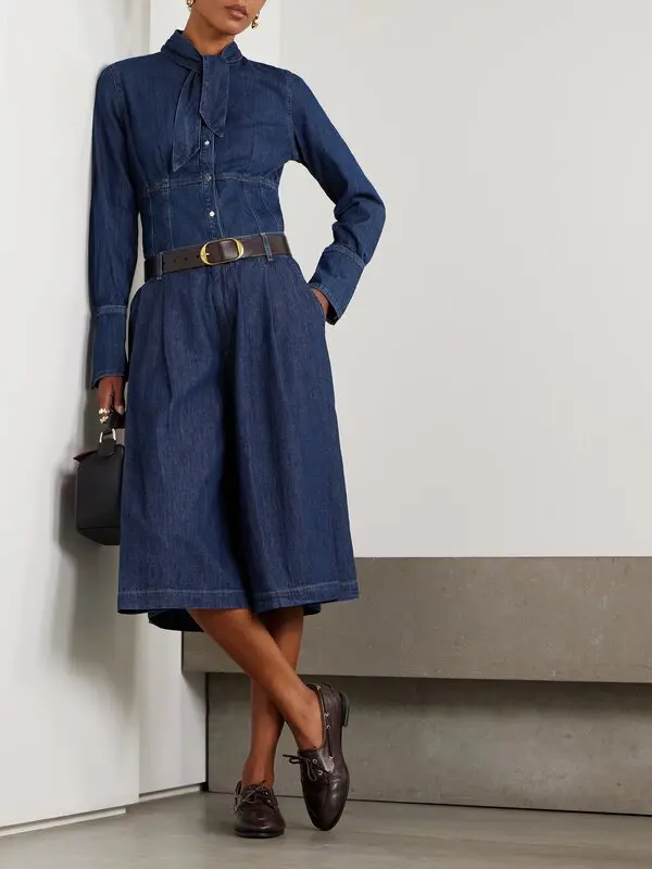 TWP Fifis Pussy-bow Paneled Denim Blouse