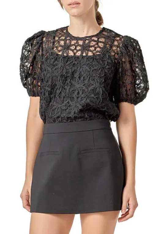 English Factory Floral Texture Puff Sleeve Top - Black