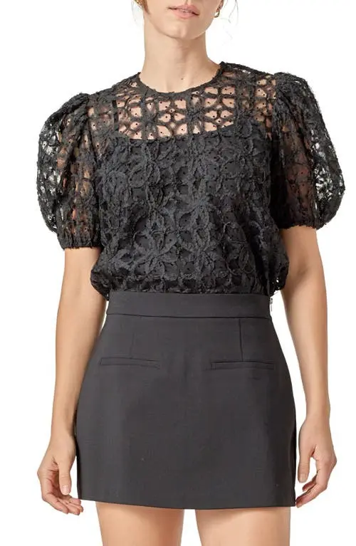 English Factory Floral Texture Puff Sleeve Top - Black