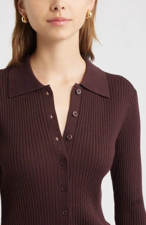 OPEN EDIT Collared Merino Wool Cardigan - Burgundy Fudge