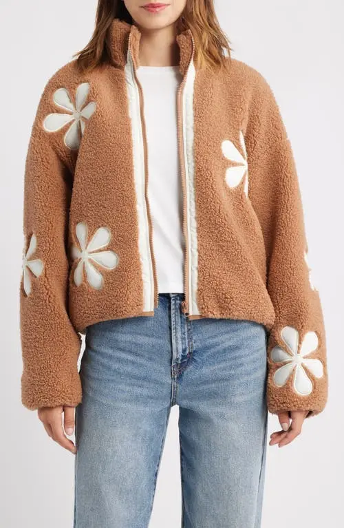 THREAD & SUPPLY Floral Appliqué Faux Shearling Jacket - Beige Ivory Combo