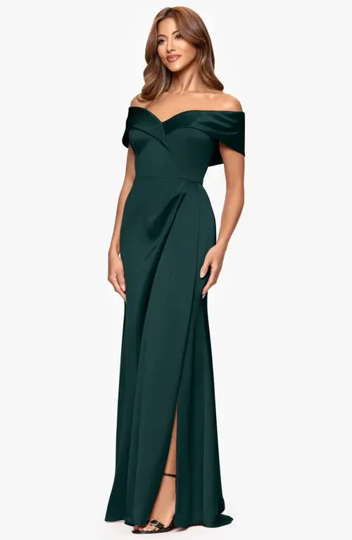 XSCAPE EVENINGS Off-the-shoulder Satin Gown - Hunter