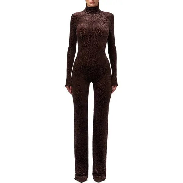 Naked Wardrobe Burnout Long Sleeve Jumpsuit - Leopard Dark Chocolate
