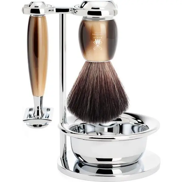 MUHLE Vivo 4-piece Black Fiber & Safety Razor Shaving Set - Brown Horn