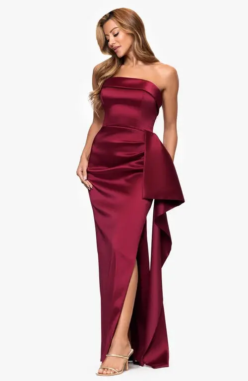 XSCAPE EVENINGS Strapless Mikado Column Gown With Ruffle