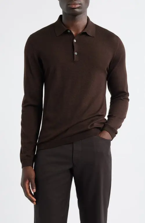 JACK VICTOR Long Sleeve Wool & Silk Polo Sweater - Brown