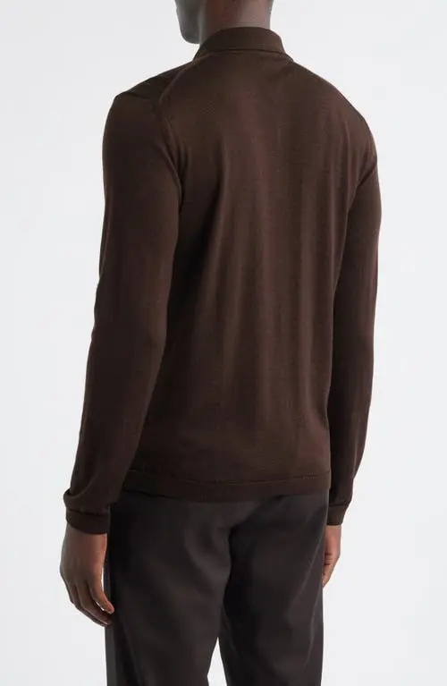 JACK VICTOR Long Sleeve Wool & Silk Polo Sweater - Brown