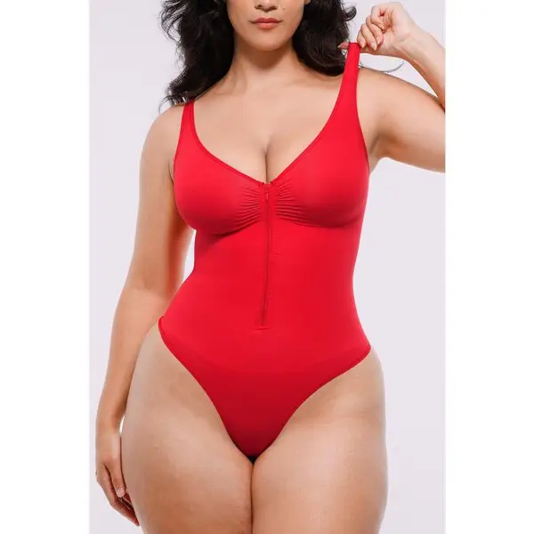 SHAPELLX Skin Flow Zipper Front Thong Bodysuit - Cherry Red