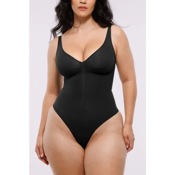 SHAPELLX Skin Flow Zipper Front Thong Bodysuit - Classic Black