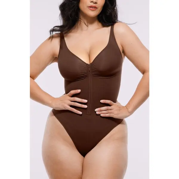 SHAPELLX Skin Flow Zipper Front Thong Bodysuit - Deep Coffee