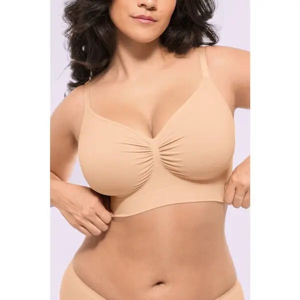 SHAPELLX Wireless Seamless Comfy Non Padded V Neck Bra - Beige