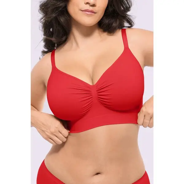 SHAPELLX Wireless Seamless Comfy Non Padded V Neck Bra - Red