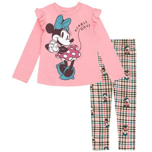 Disney Long Sleeve Top & Leggings Set - Pink/brown Plaid