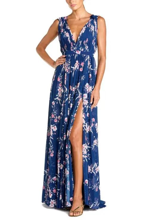 Mac Duggal Sleeveless Pleated Chiffon V-neck Gown - Blue Multi
