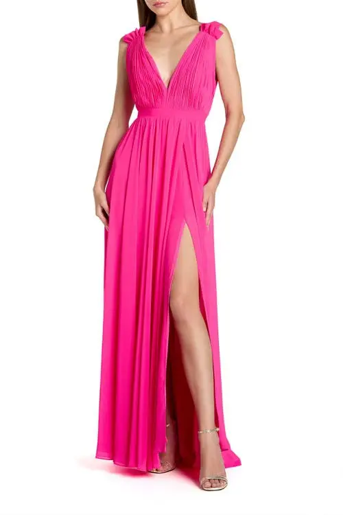 Mac Duggal Sleeveless Pleated Chiffon V-neck Gown - Hot Pink