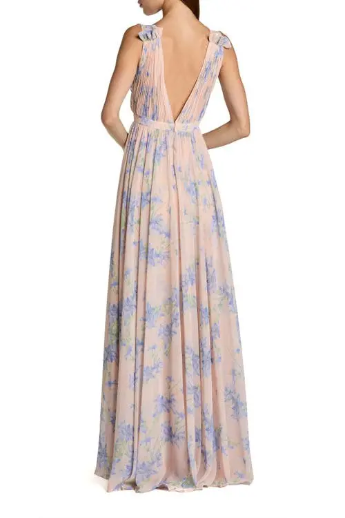 Mac Duggal Sleeveless Pleated Chiffon V-neck Gown - Violet Multi