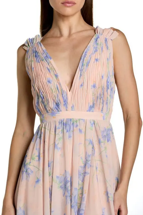 Mac Duggal Sleeveless Pleated Chiffon V-neck Gown - Violet Multi