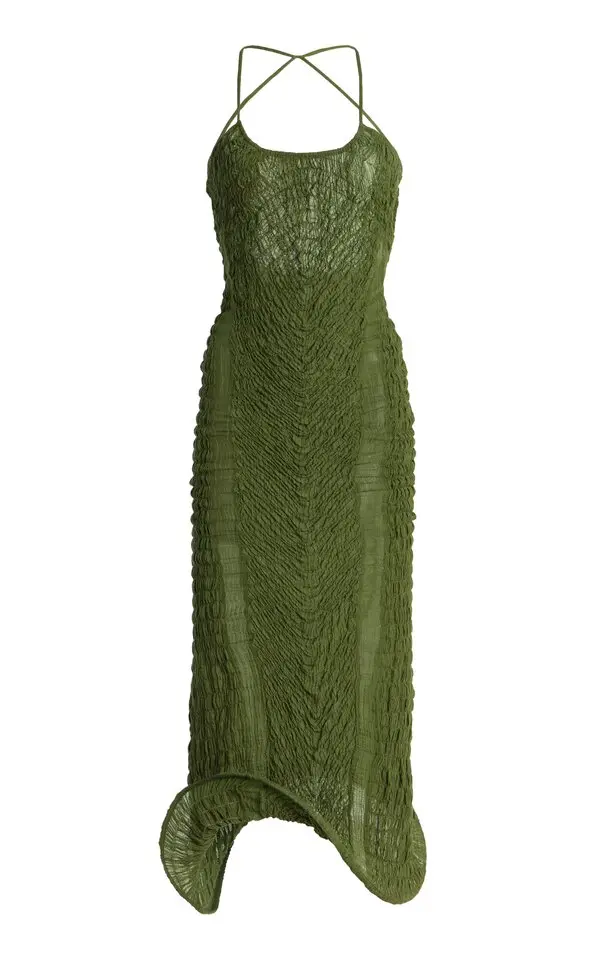 TG BOTANICAL Shirred Cotton Midi Dress - Green