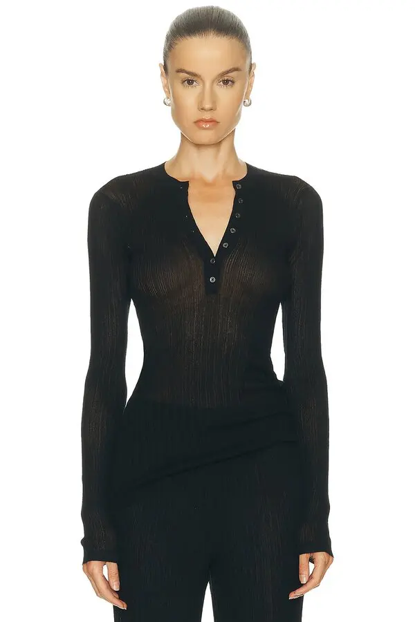 Skims Sheer Knit Long Sleeve Henley - Onyx | Editorialist