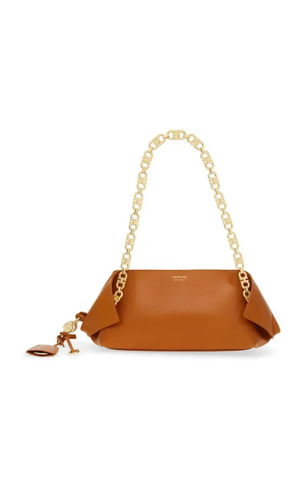 FERRAGAMO Scarf Chain Leather Shoulder Bag - Orange